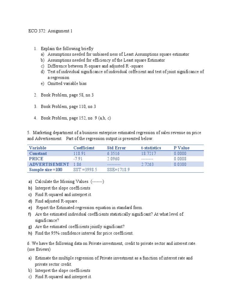 372 Assignment 1 | PDF | Coefficient Of Determination | Regression Analysis