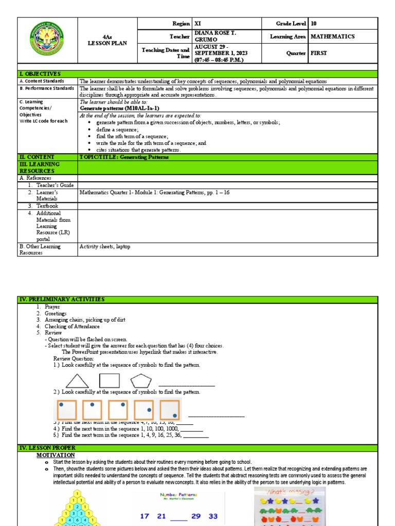 Grade 10 Math: Generating Patterns | PDF | Numbers | Sequence