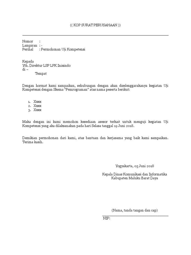 Format Surat Permohonan Uji - LSP | PDF