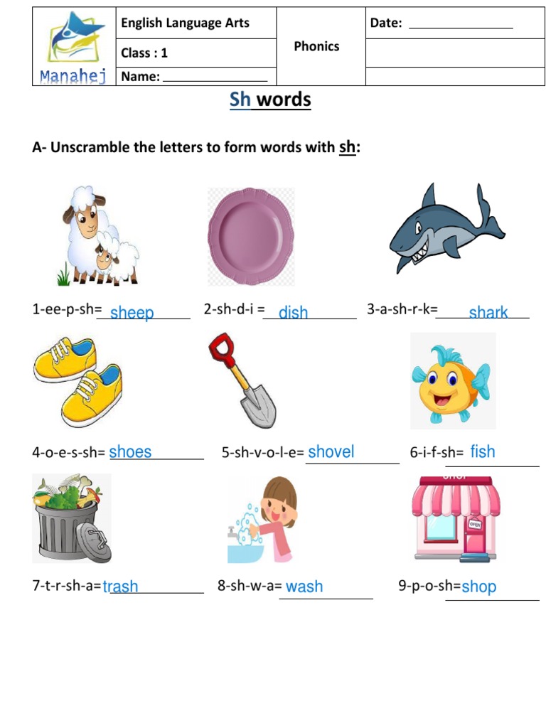 Phonics Answers SH Words Worksheet | PDF