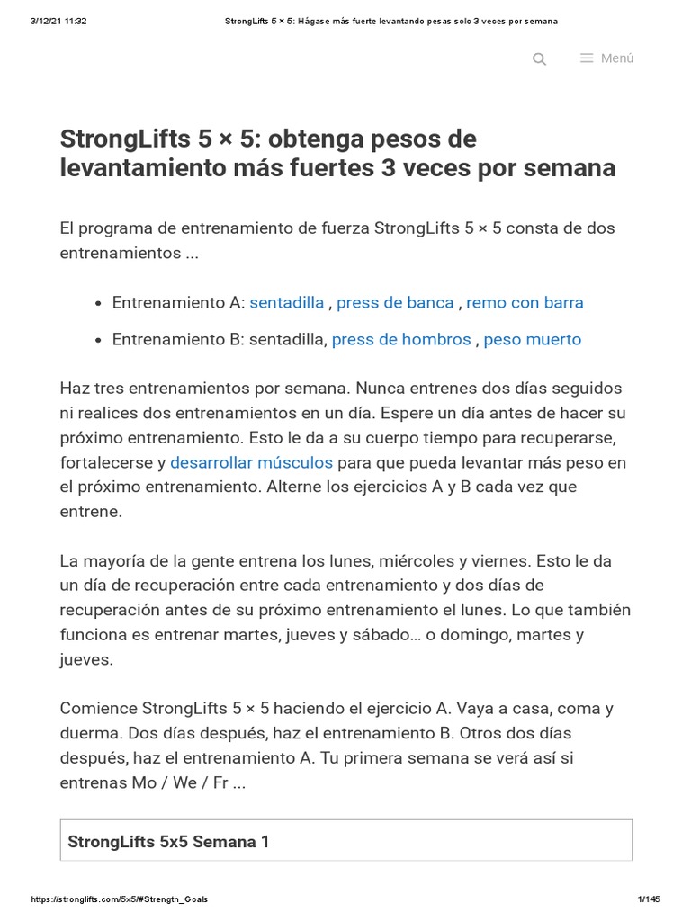 StrongLifts 5x5: Entrena 3 Días Semanales | PDF | Ejercicio físico ...