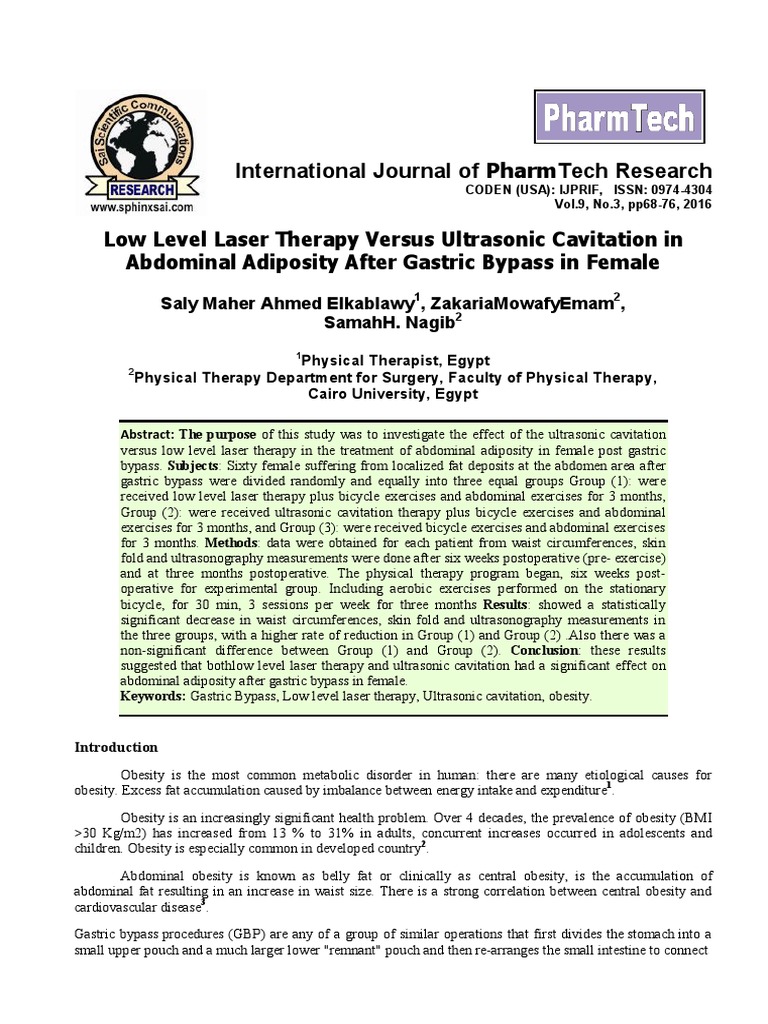 LLLT Vs Ultrasonic Cavitation in Abdominal Adiposity After Gastric ...