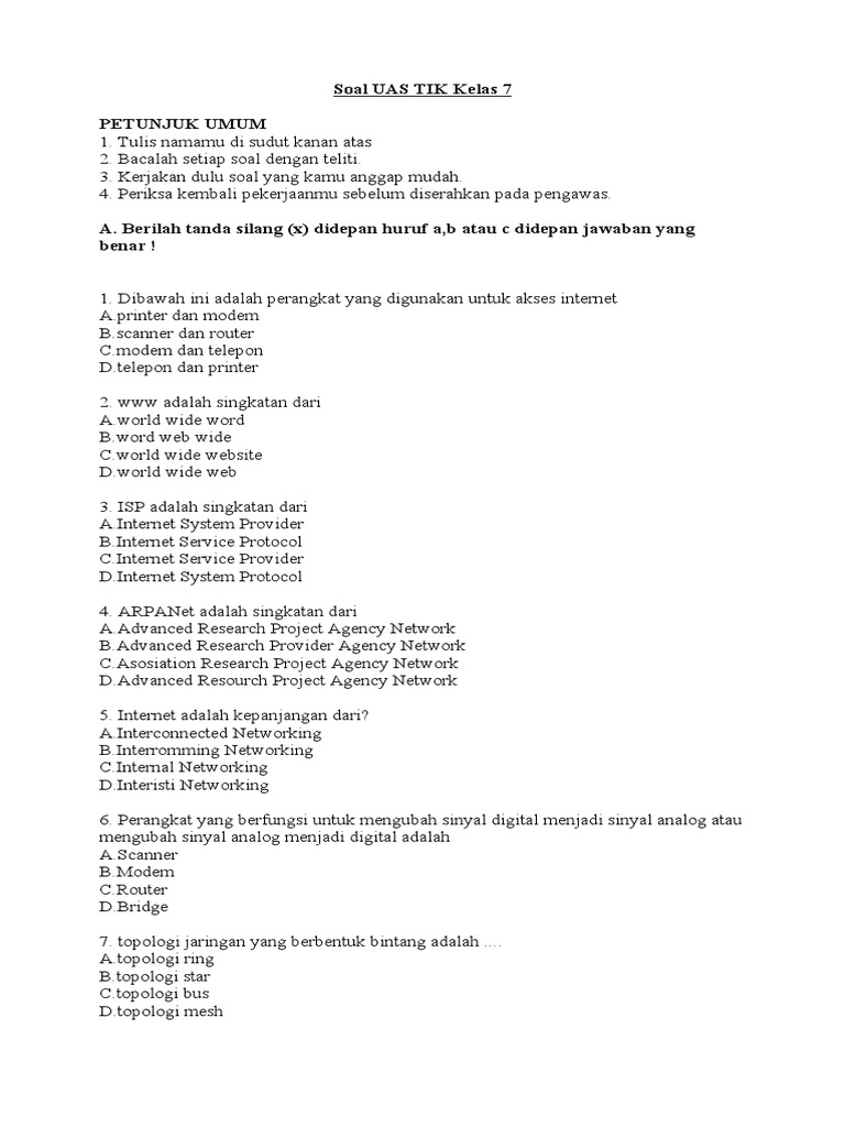 30+ Contoh Soal UAS TIK Kelas 7 SMP MTs Semester Ganjil | PDF | Komputer | Teknologi & Rekayasa