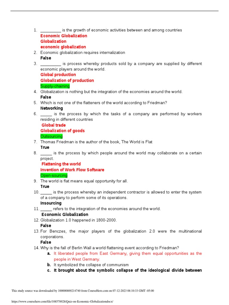 Quiz On Economic Globalization | PDF | Globalization | Economic ...