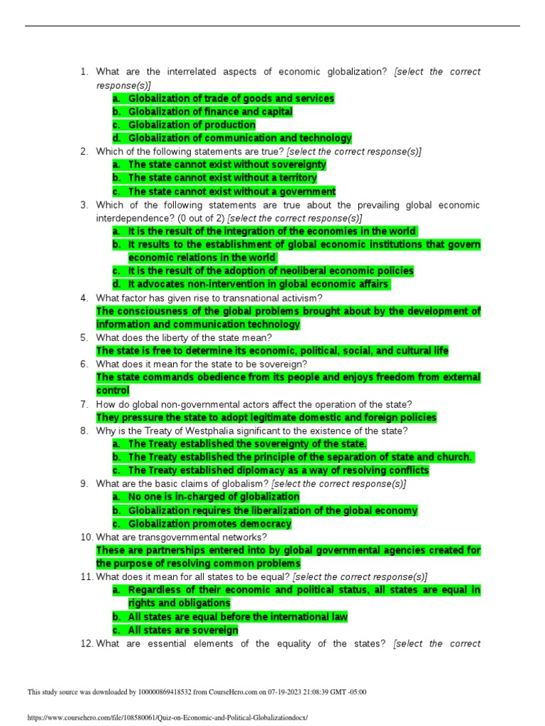 Economic and Political Globalization Quiz | PDF | State (Polity) | Globalization