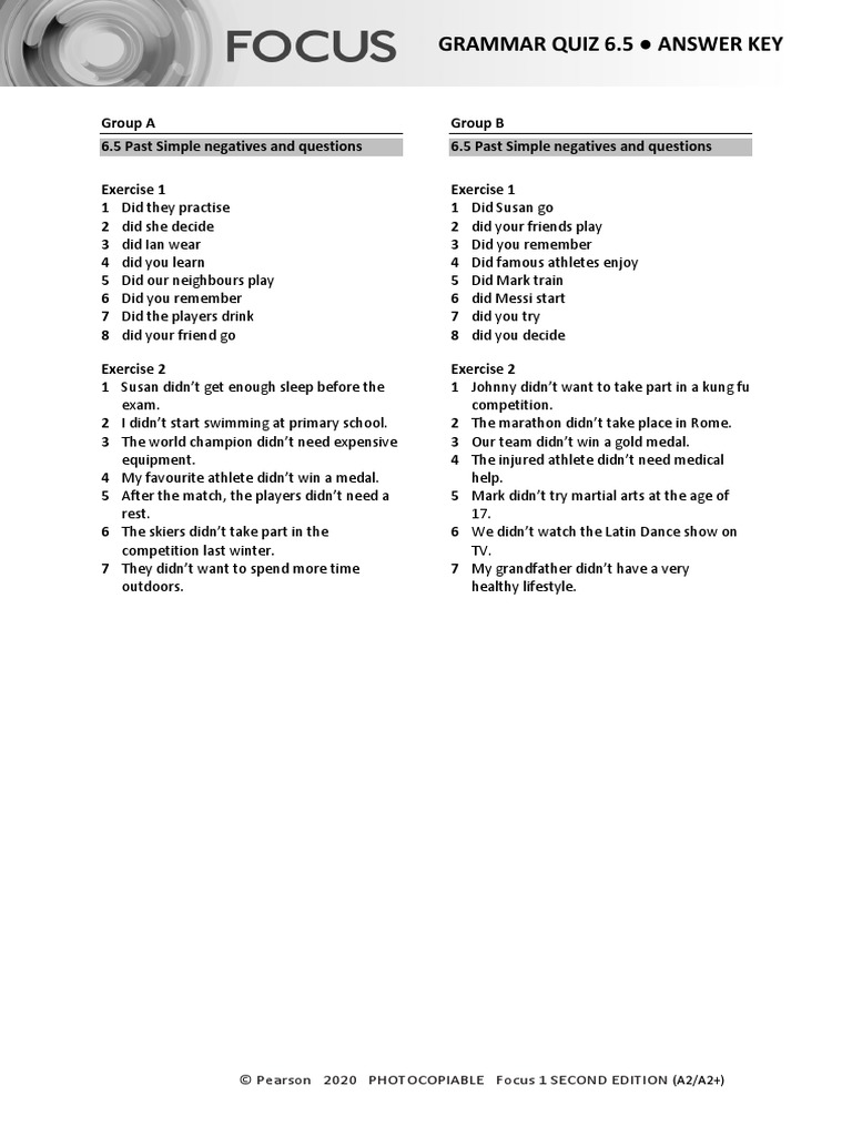 Focus1 2E Grammar Quiz Unit6 5 GroupA B ANSWERS | PDF