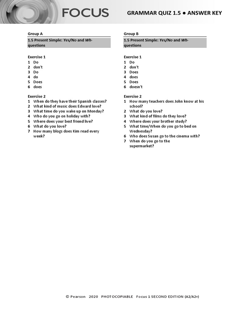 Focus1 2E Grammar Quiz Unit1 5 GroupA B ANSWERS | PDF