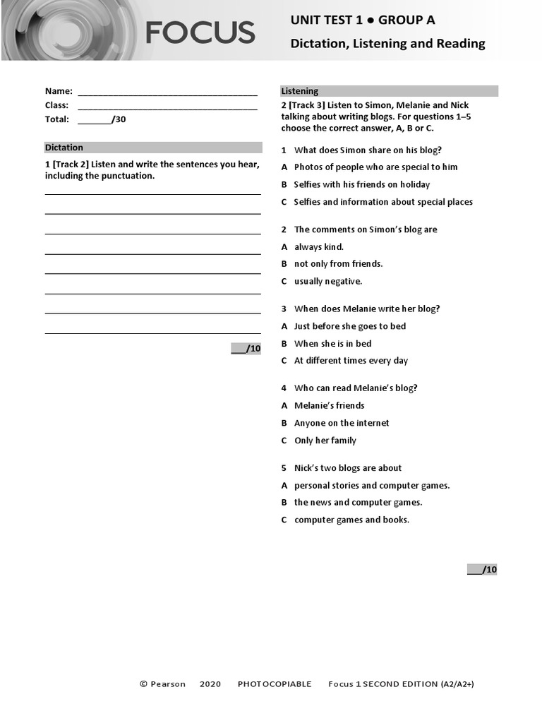 Focus1 2E Unit Test Dictation Listening Reading Unit1 GroupA | PDF