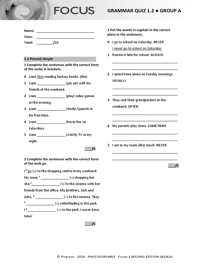 Focus1 2E Grammar Quiz Unit1 2 GroupA | PDF | Linguistics | Language Families