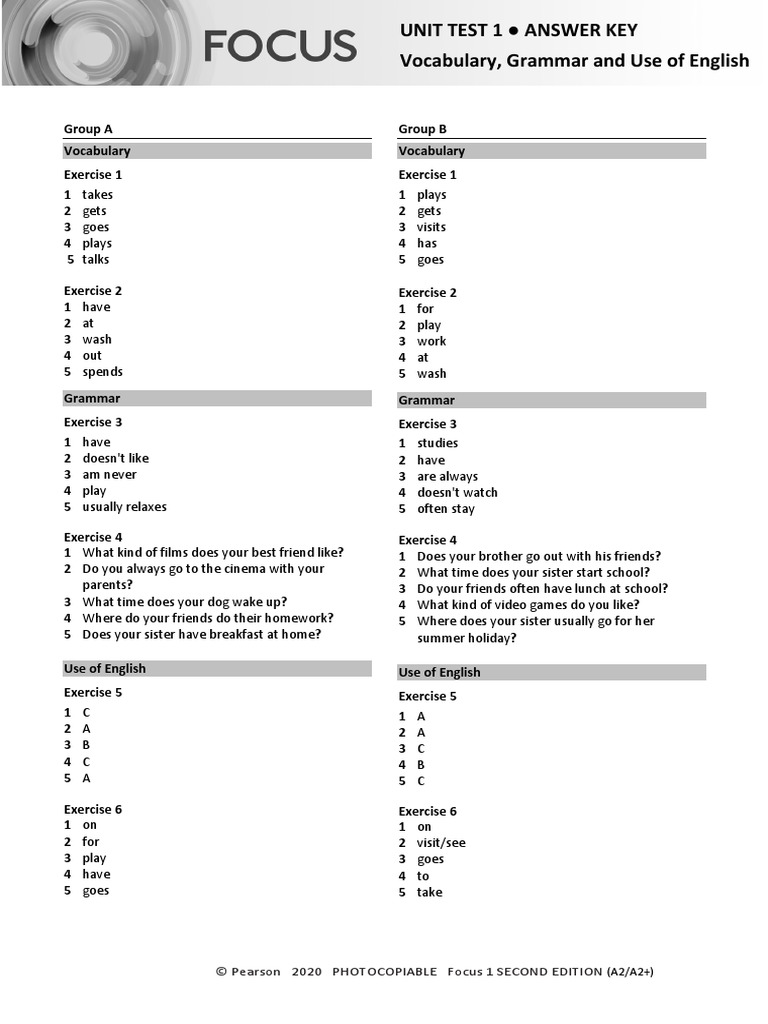 Focus1 2E Unit Test Vocabulary Grammar UoE Unit1 GroupA B ANSWERS | PDF