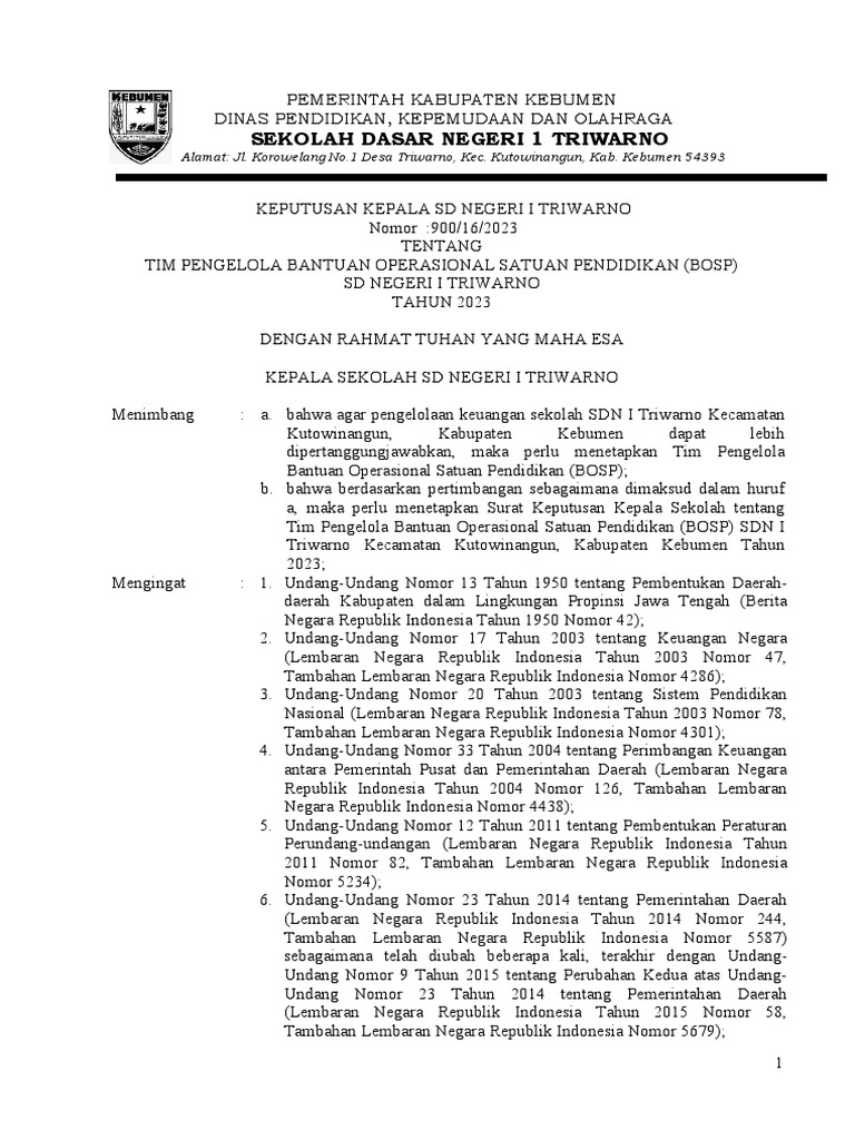 SK Tim Pengelola BOSP SDN 1 Triwarno | PDF