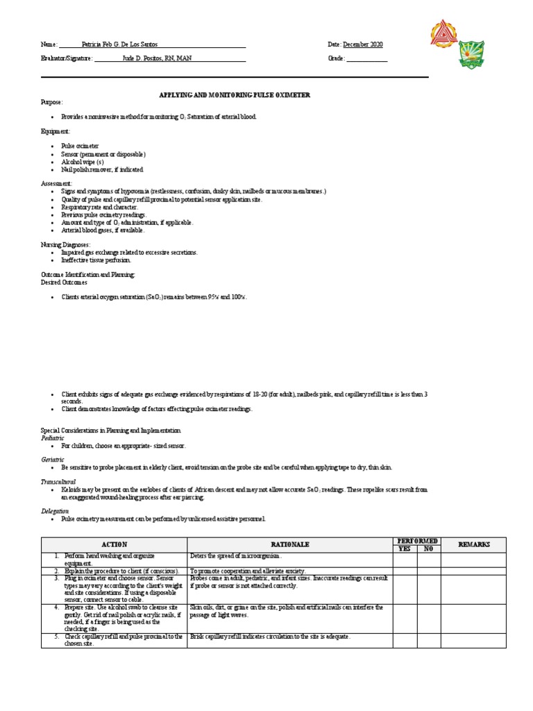 Applying and Monitoring Pulse Oximeter | PDF | Clinical Medicine ...