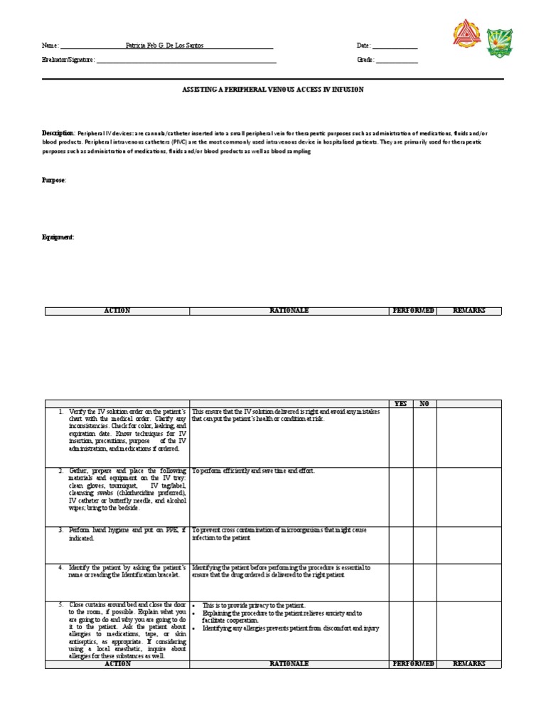 Assisting A Peripheral Venous Access Iv Infusion | PDF | Intravenous ...