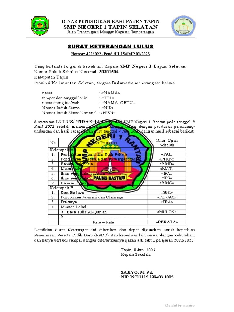 Format dan Contoh SKL SMP 2023 | PDF