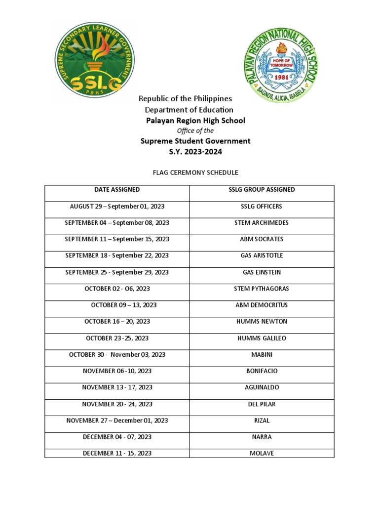 Flag Ceremony Schedule S.Y. 2023 2024 | PDF | Philippines