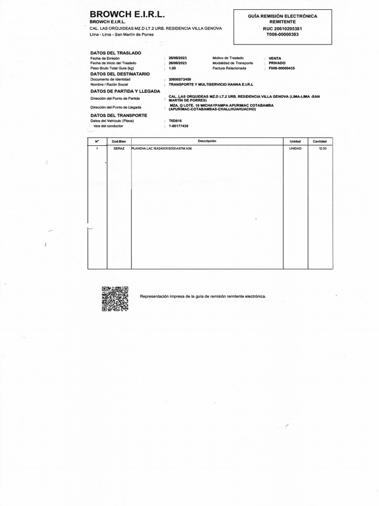 Browch E.I.R.L.: Datos Del Destinatario | PDF