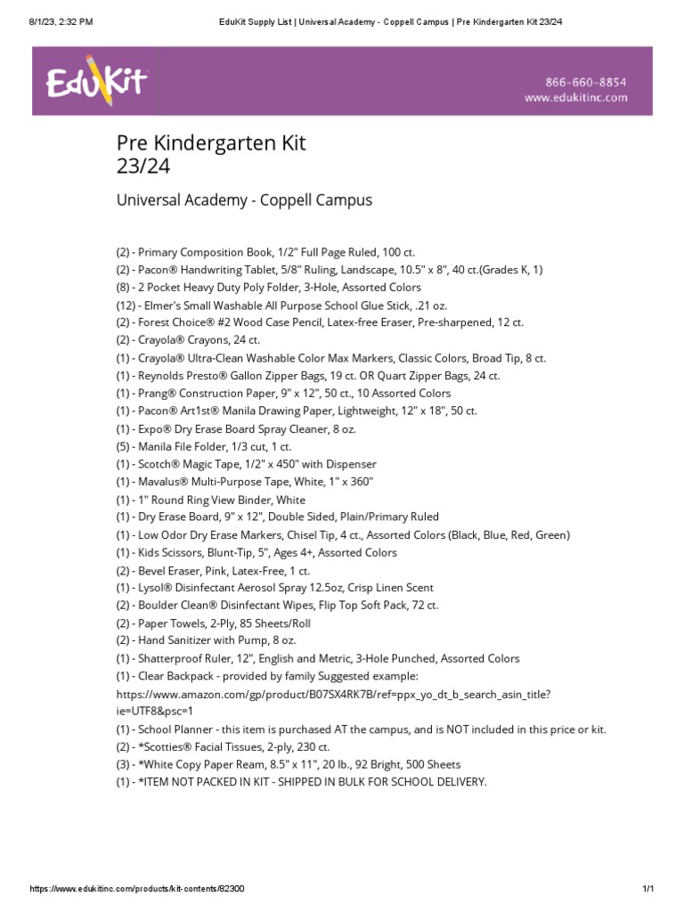 EduKit Supply List - Universal Academy - Coppell Campus - Pre ...