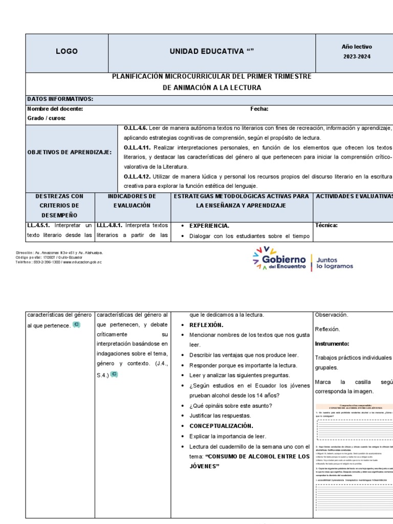 10mo - Planificación - Animación A La Lectura | Descargar gratis PDF | Aprendizaje | Evaluación