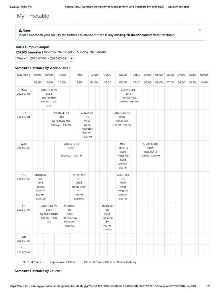 Timetable Sem1 | PDF