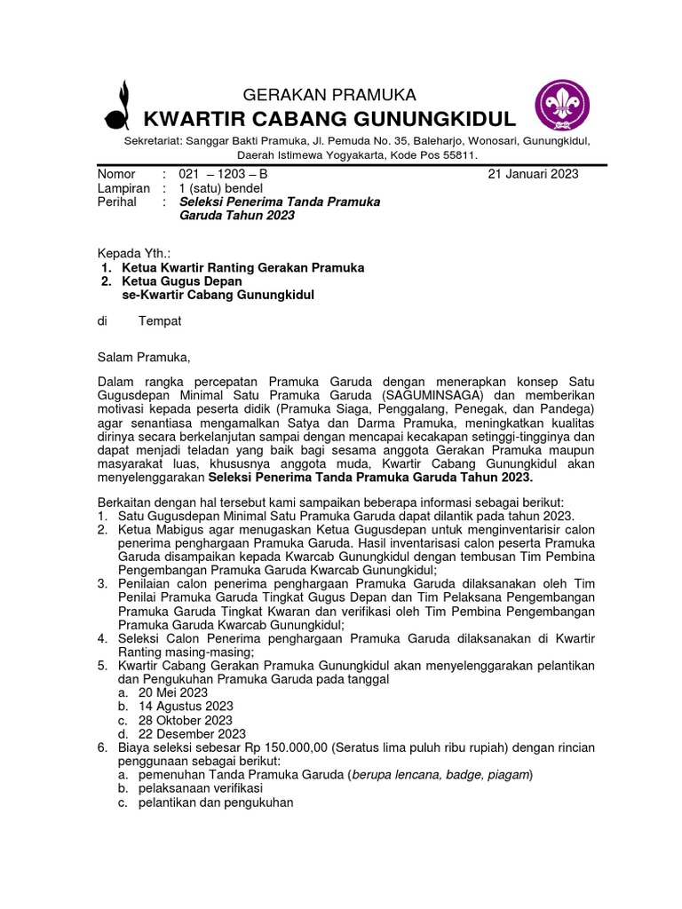 021 - 1203 - B - Edaran Seleksi Pramuka Garuda Tahun 2023 | PDF 021 - 1203 - B - Edaran Seleksi Pramuka Garuda Tahun 2023 | PDF