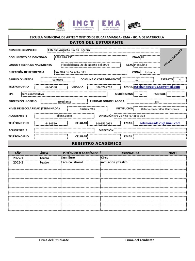 Formulario de Matricula EMA | PDF