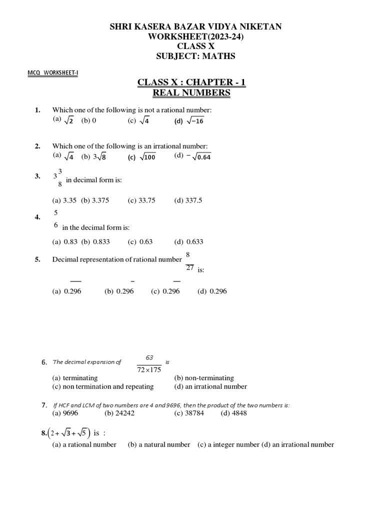 Worksheet 1 Class 10 | Download Free PDF | Numbers | Rational Number