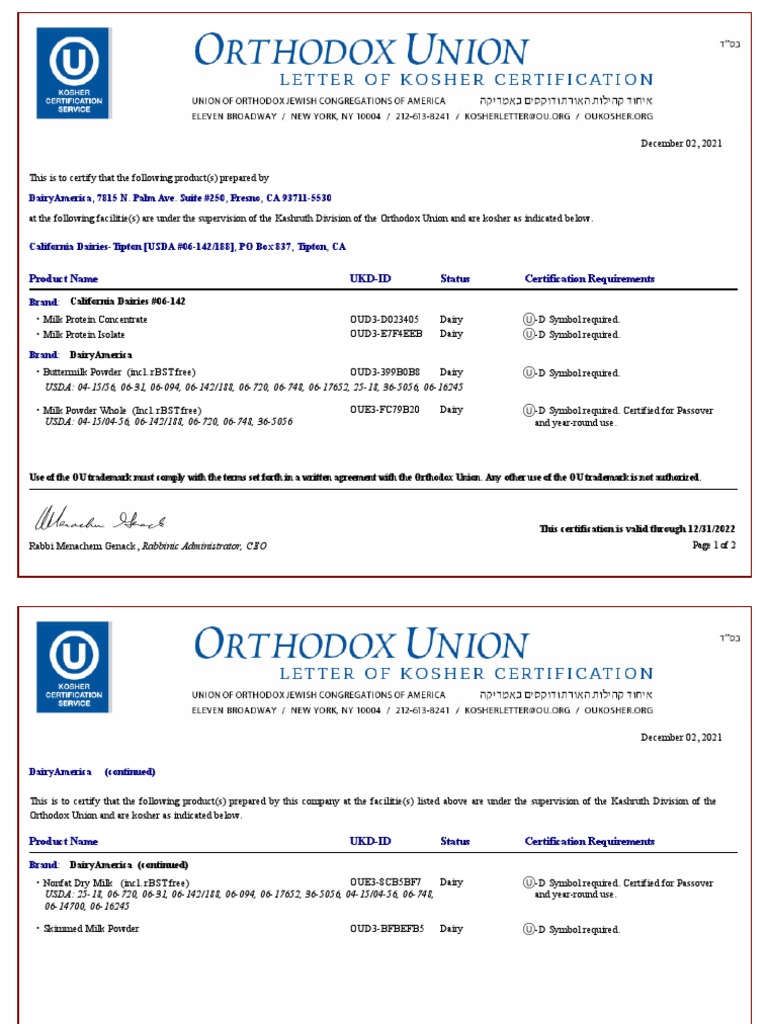 Kosher Leche Descremada Dairy America Usa Planta Tipton Pdf Jewish