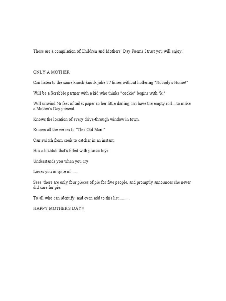Childrens & Mothers Day Poems You Will Enjoy | PDF | Poetry