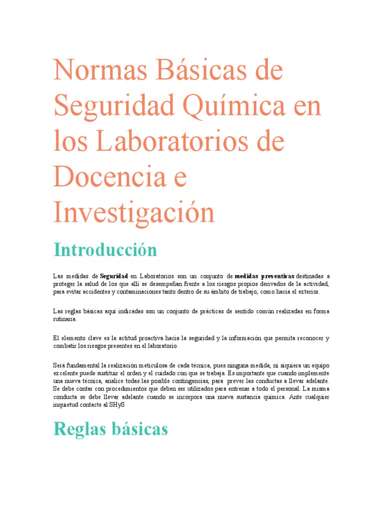 Normas de Seguridad en Laboratorios | PDF | Laboratorios | Química