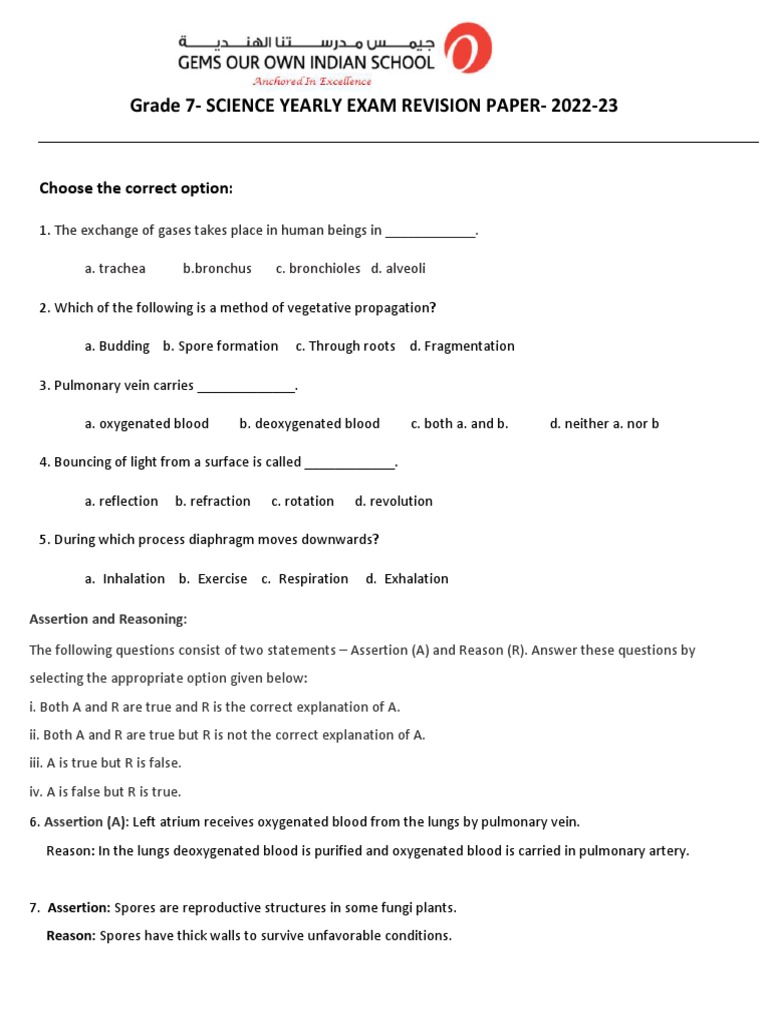 Yearly Examination Revision - Grade 7 | PDF | Lung | Botany