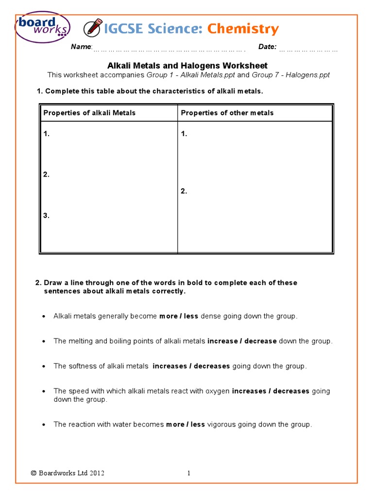 Alkali Metals and Halogens Worksheet | PDF | Chlorine | Iodine