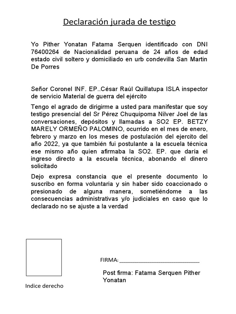 Declaración Jurada de Testigo | PDF Declaración Jurada de Testigo | PDF