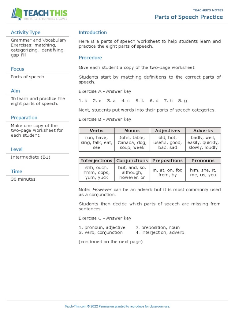 Parts of Speech Practice | PDF | Part Of Speech | Adverb