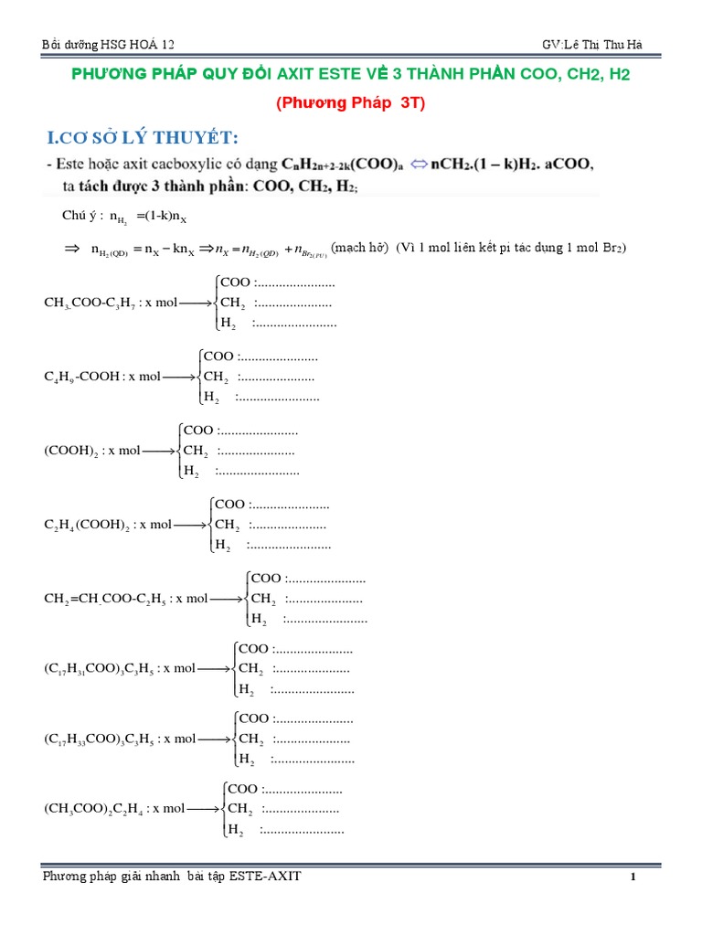 I.Cơ Sở Lý Thuyết:: Phương Pháp Quy Đổi Axit Este Về 3 Thành Phần Coo ...