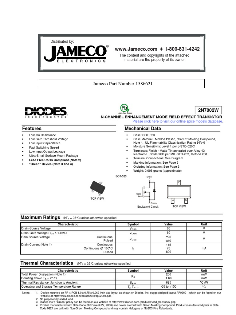 2n7002w 7 F Mosfet | PDF | Field Effect Transistor | Electrical Engineering