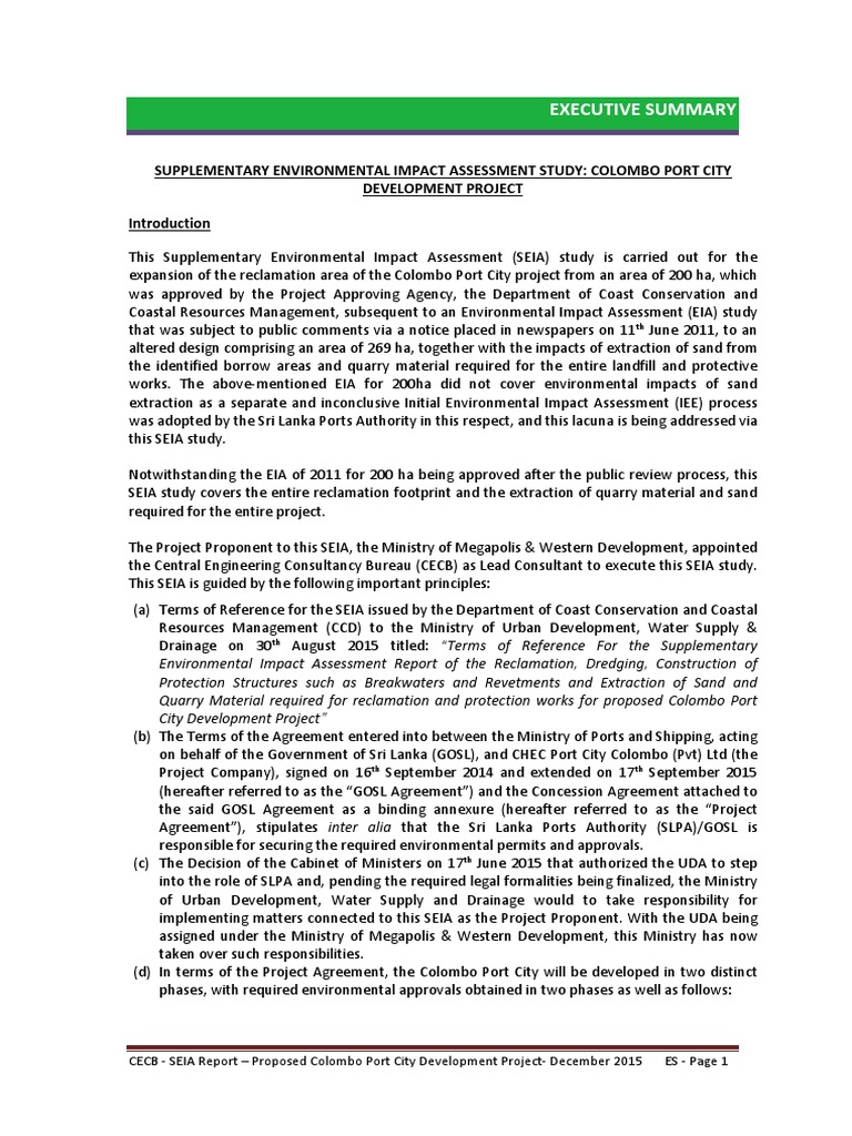 Port City Project ECBA | PDF | Environmental Impact Assessment | Dredging