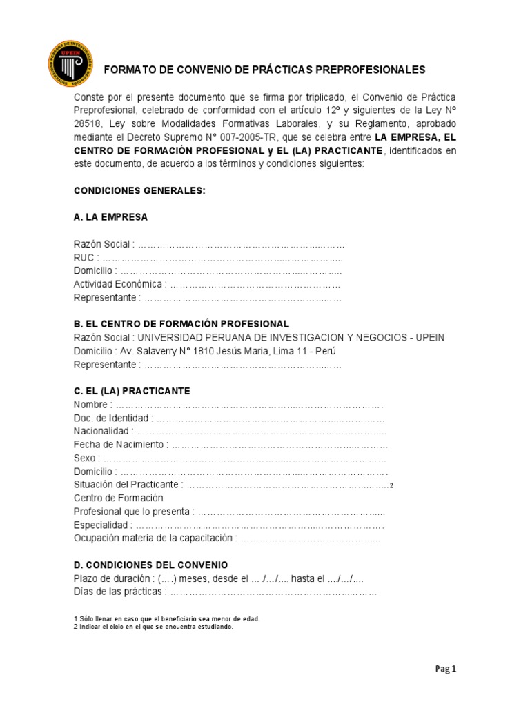 FORMATO DE CONVENIO DE PRÁCTICAS PREPROFESIONALES | PDF | Seguro ...