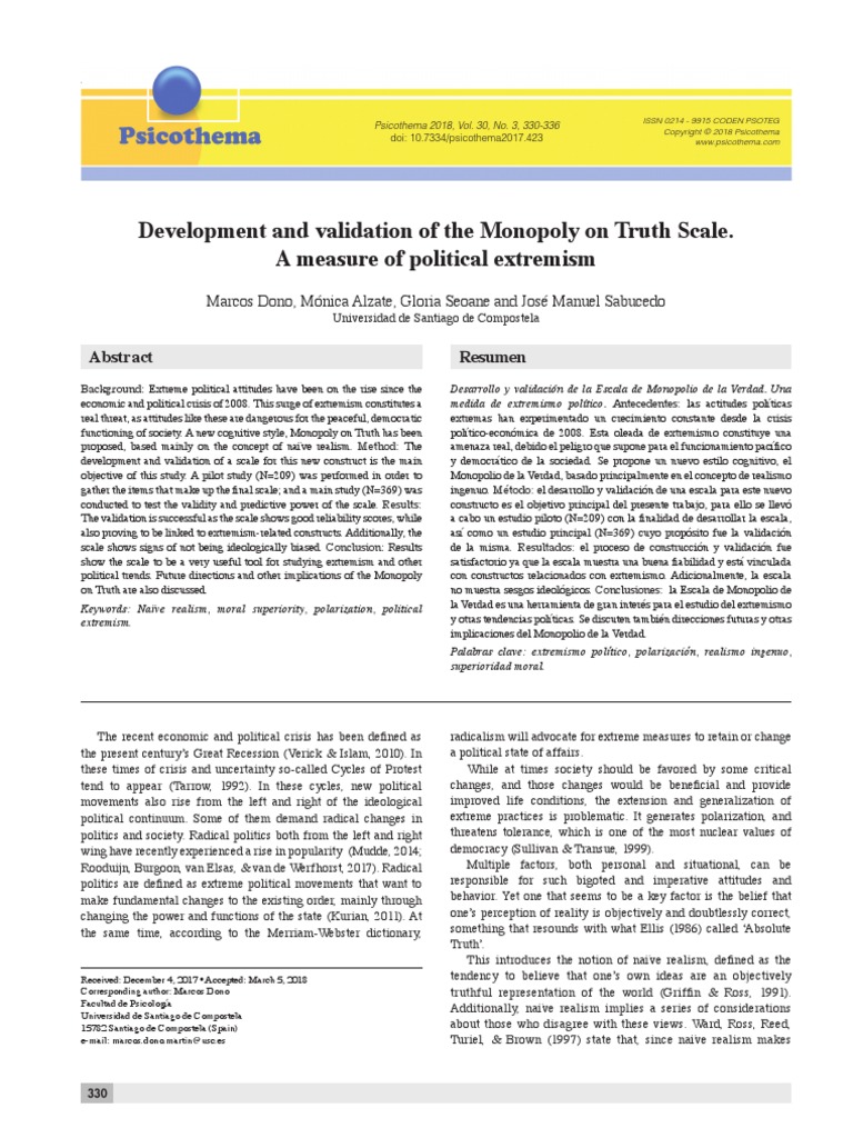 Monopoly On Truth Scale. Psicothema | PDF | Política | Ciencias sociales