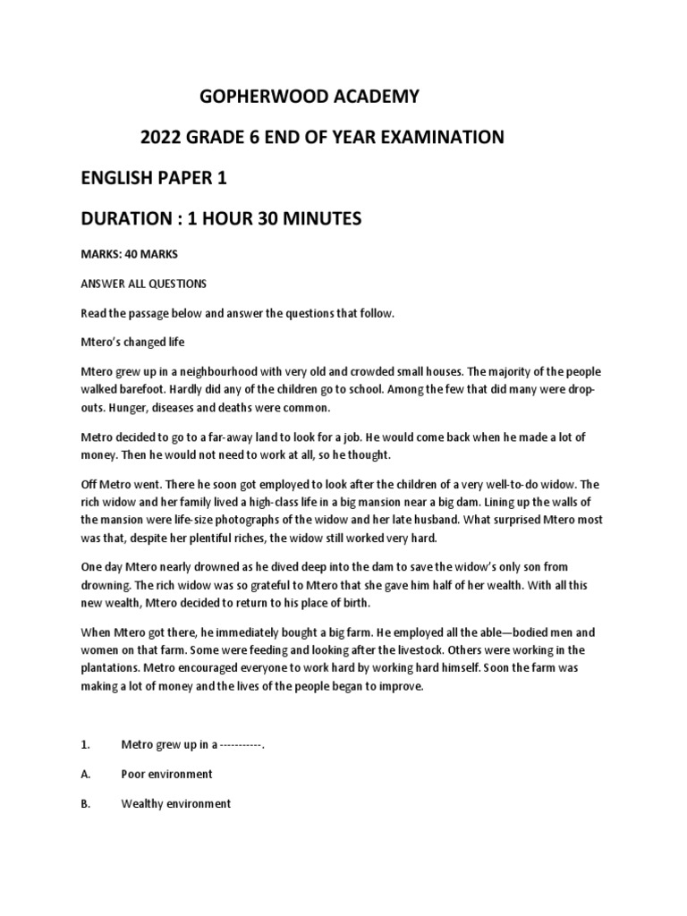 Grade 6 English Paper 1 2022 | PDF Grade 6 English Paper 1 2022 | PDF