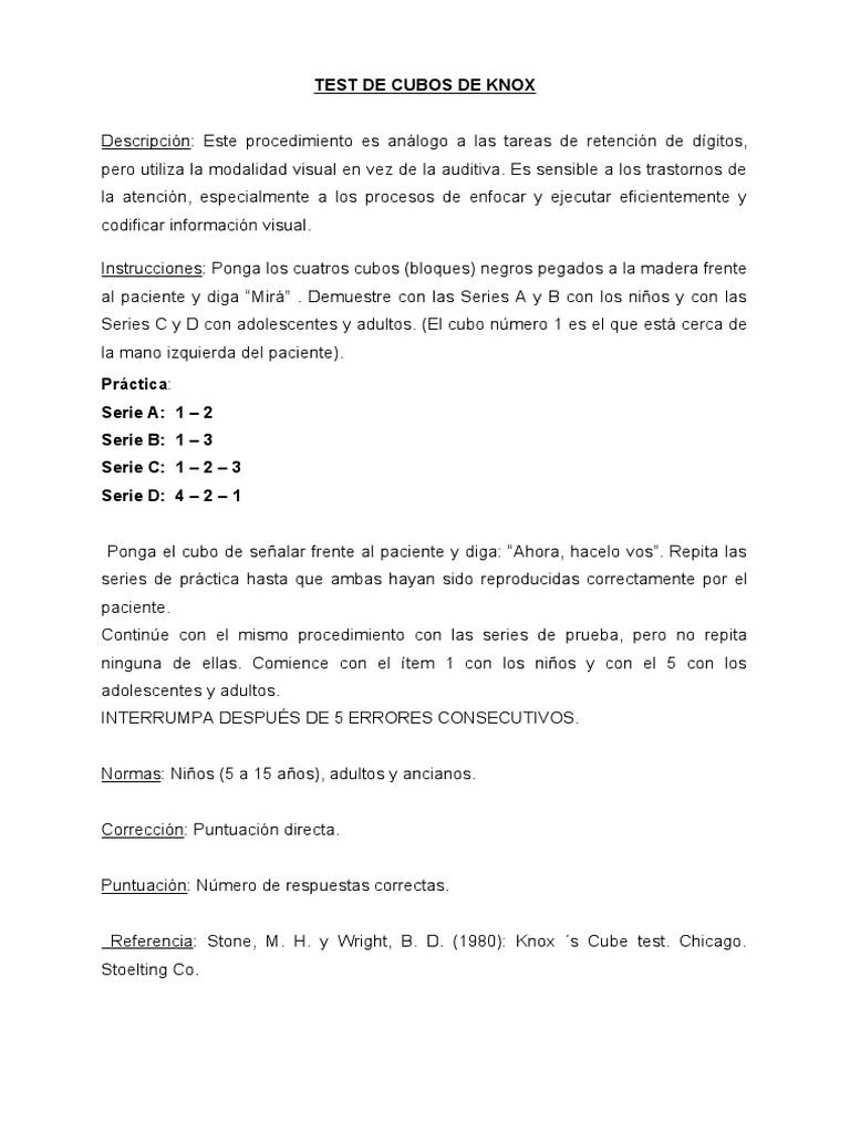Test de Cubos de Knox | Descargar gratis PDF | Ciencia cognitiva ...