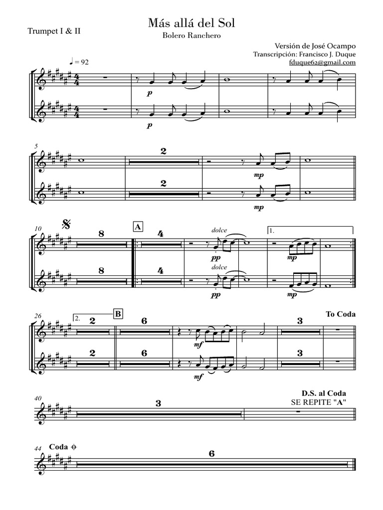 Más Allá Del Sol - Trumpet I & II | PDF
