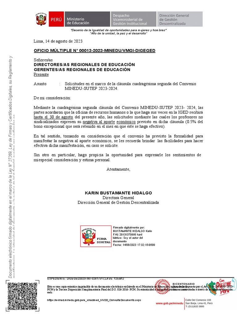 Oficio - Multiple 00013 2023 Minedu Vmgi Digeged | PDF