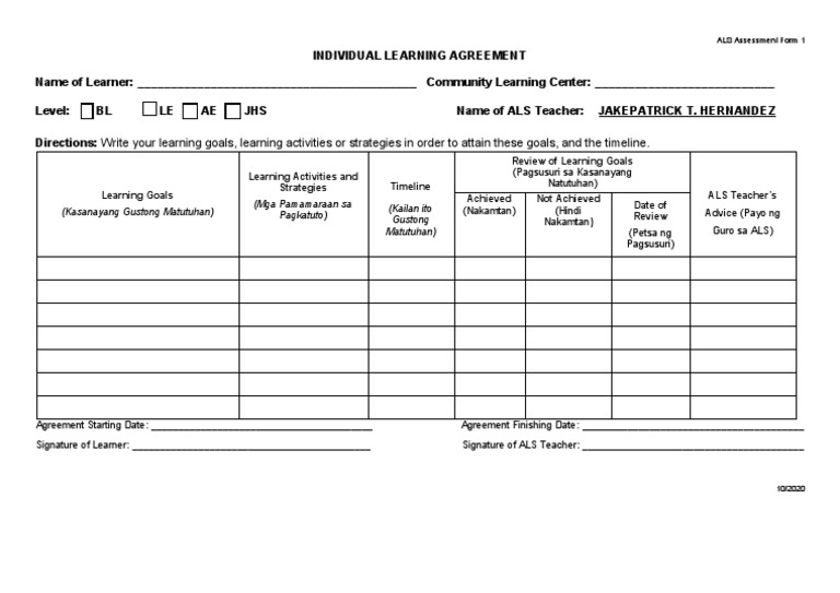 ALS Assessment Form 1 Template | PDF | Career & Growth