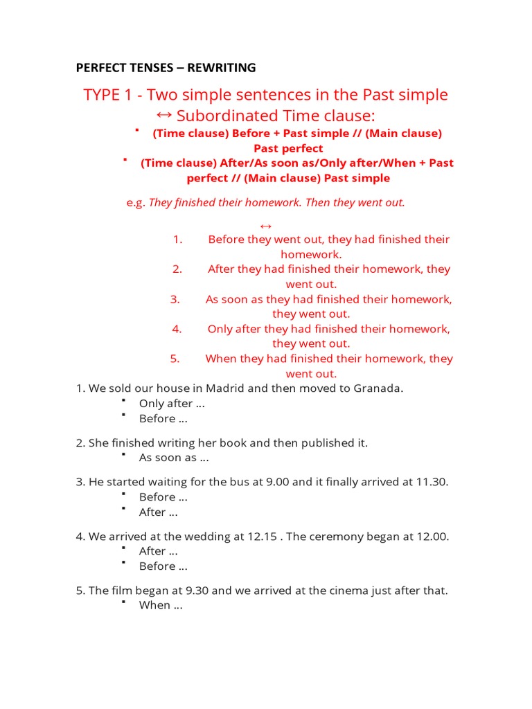 Perfect Tenses Rewriting Exercises | PDF | Language Families | Linguistics
