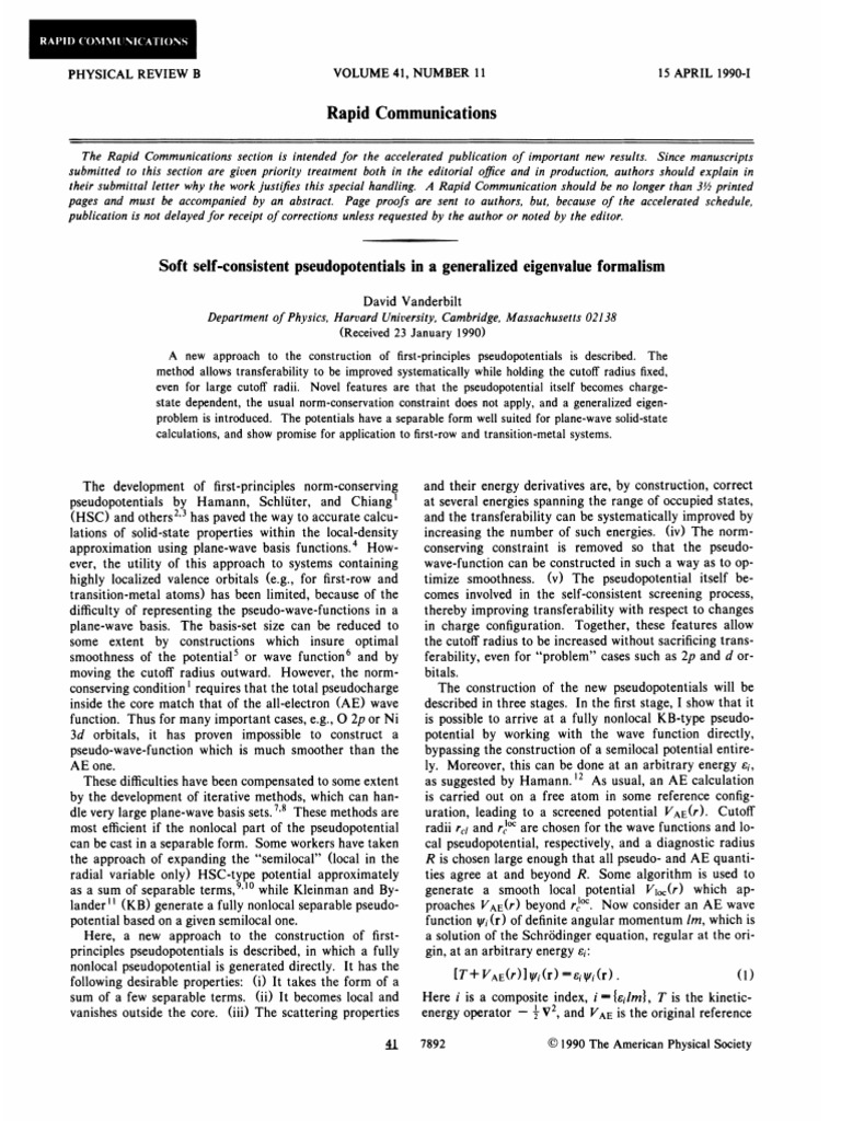 1990.04.15 - Vanderbilt - PRB - Soft Self-Consistent Pseudopotentials | PDF | Quantum Mechanics ...
