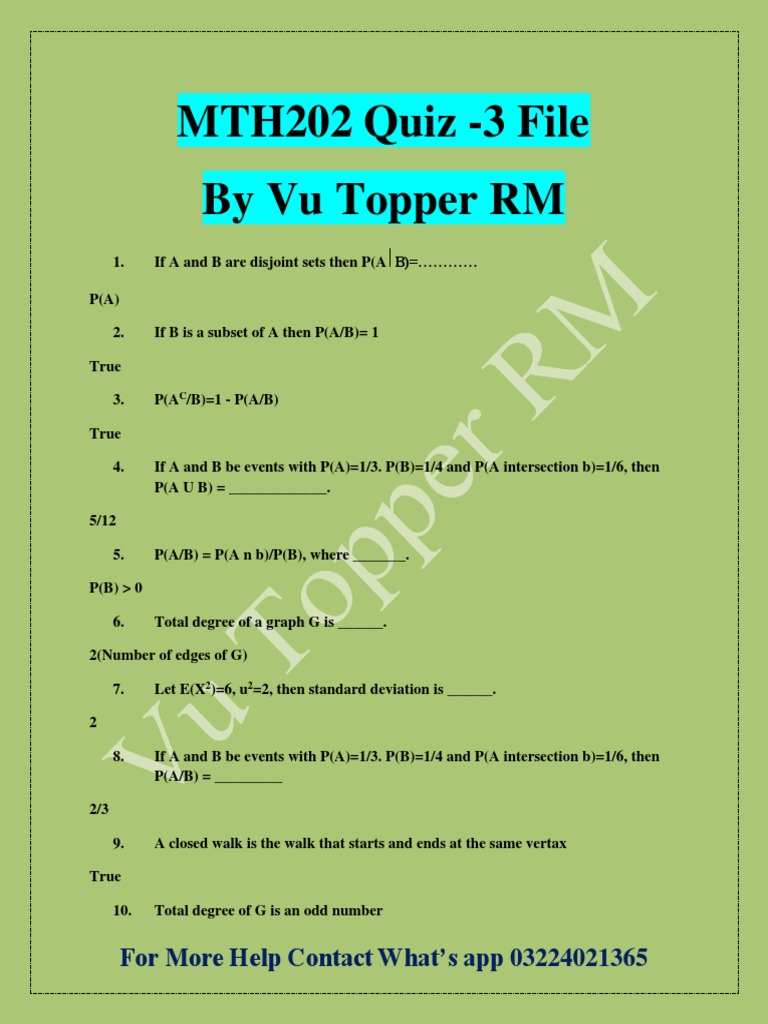 MTH202 Quiz-3 by Vu Topper RM | PDF | Random Variable | Mathematical Proof