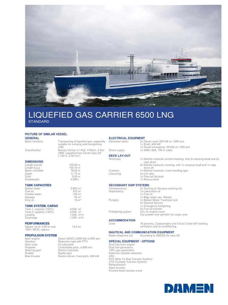 Product Sheet Damen Liquefied Gas Carrier 6500 LNG | PDF | Marine Propulsion | Shipping