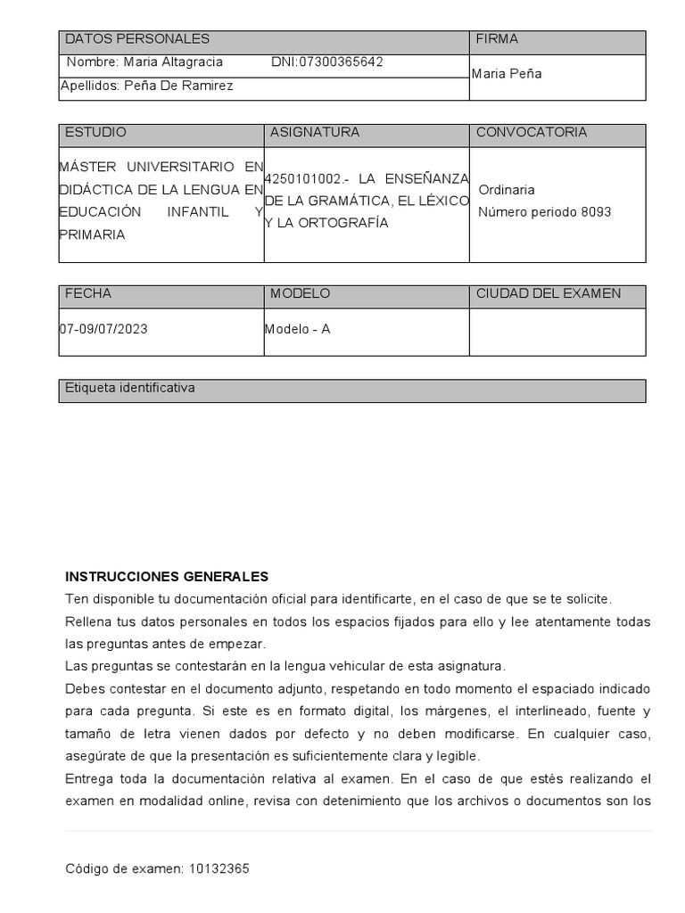 Examen Enseñanza De La Gramatica Pdf Enseñando Aprendizaje