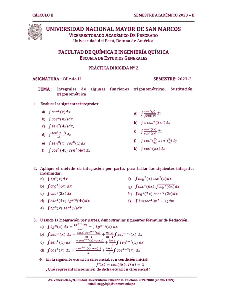 Práctica Dirigida 2. Integrales de Algunas Funciones Trigonométricas. Sustitución Trigonométrica ...