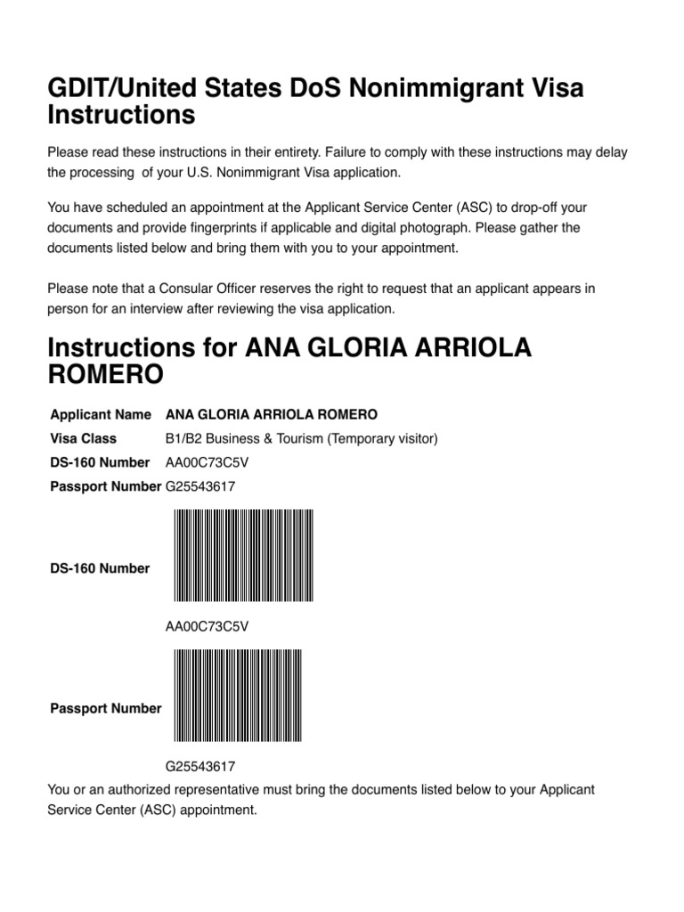 Confirmation and Instructions Official U.S. Department of State Visa ...